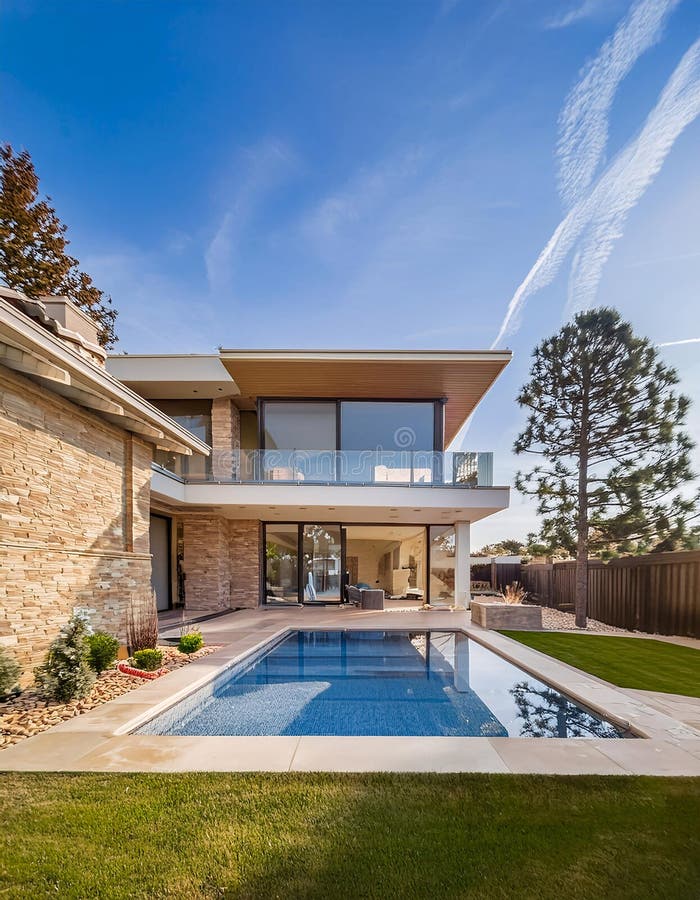 Modern Luxury Home with Pool Under Blue Sky Stock Illustration ...