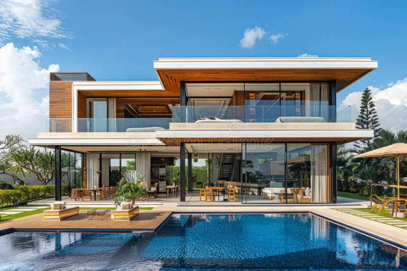 Modern Luxury Home Reflecting in Pond at Dusk Stock Image - Image of ...