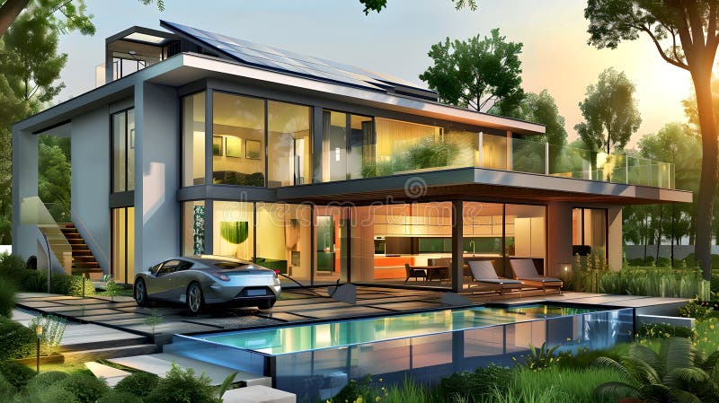 Modern Luxury House with Car beside Pool. Beautiful Sunset Lighting. AI ...