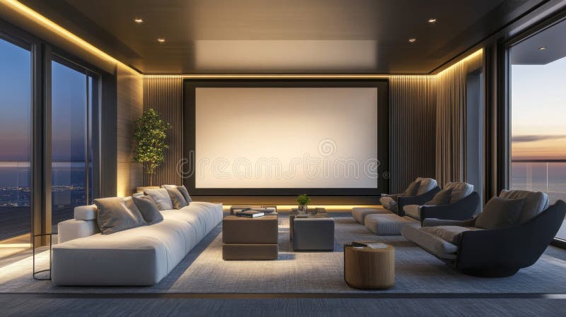 Modern Luxury Home Theater with City View at Night Stock Illustration ...