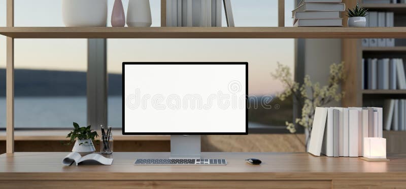 Modern, Luxury Home Workspace with a Computer on a Table and a Large ...