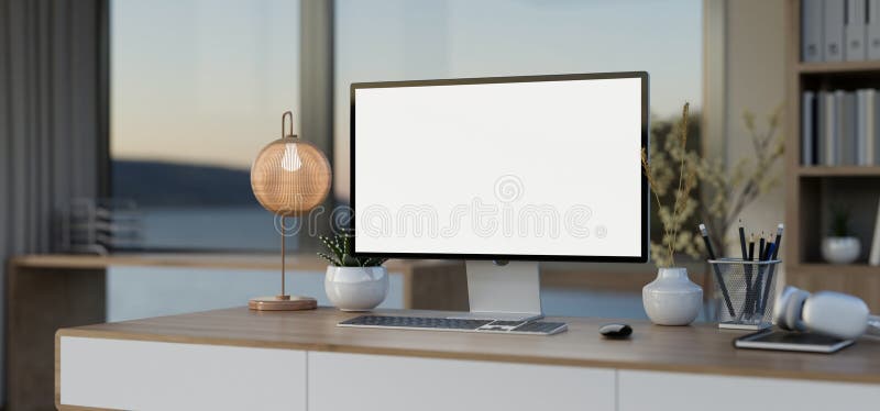 Modern, Luxury Home Workspace with a White-screen PC Computer Mockup ...