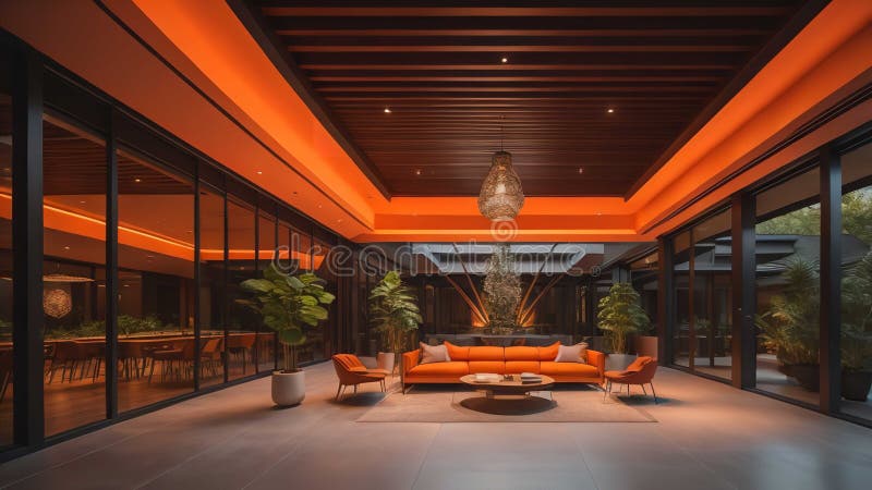 A Modern Luxury Hotel Lobby with Orange Sofa and Armchairs. Generative ...