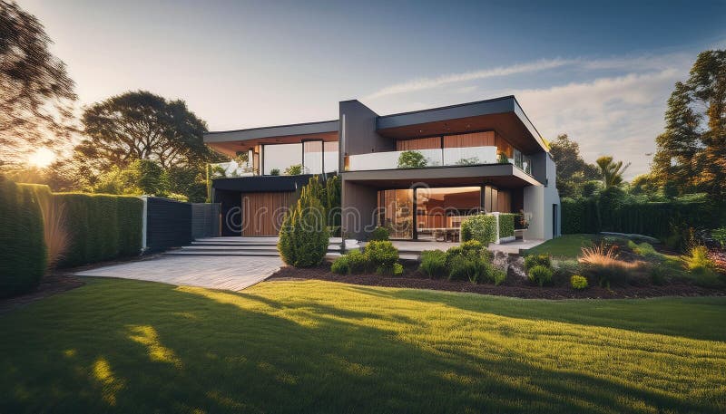 Modern Luxury House with Back Yard Stock Illustration - Illustration of ...