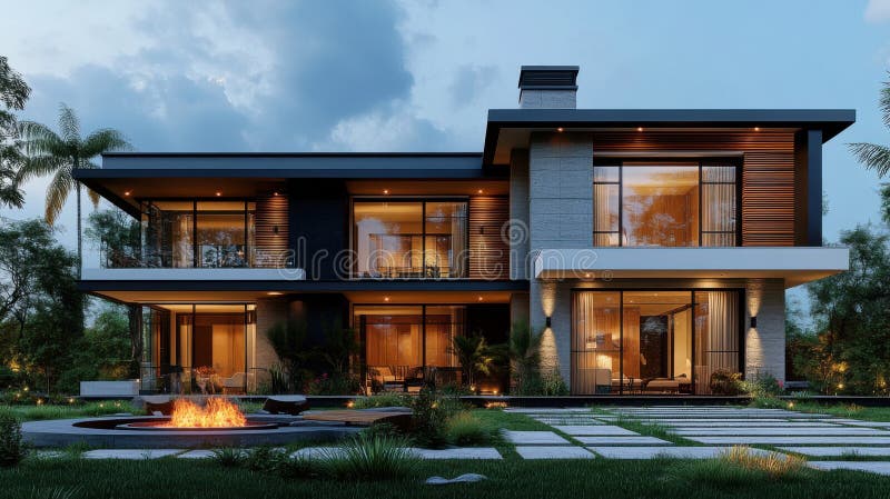 Modern Luxury House Exterior Design at Dusk Generated Using AI. Stock ...