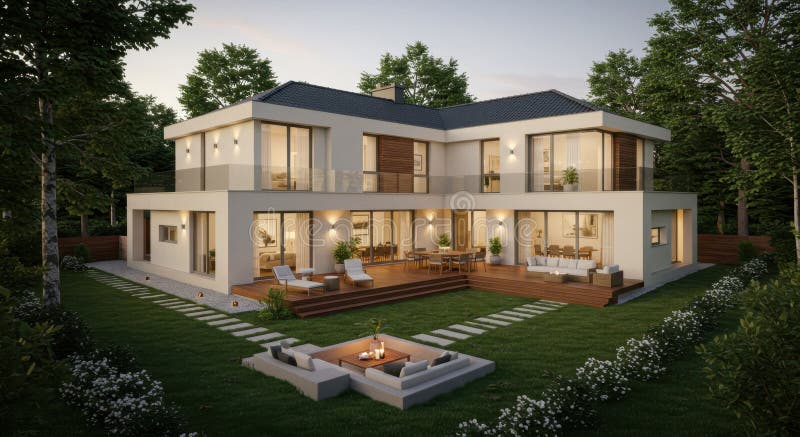Modern Luxury House Exterior at Dusk Stock Illustration - Illustration ...