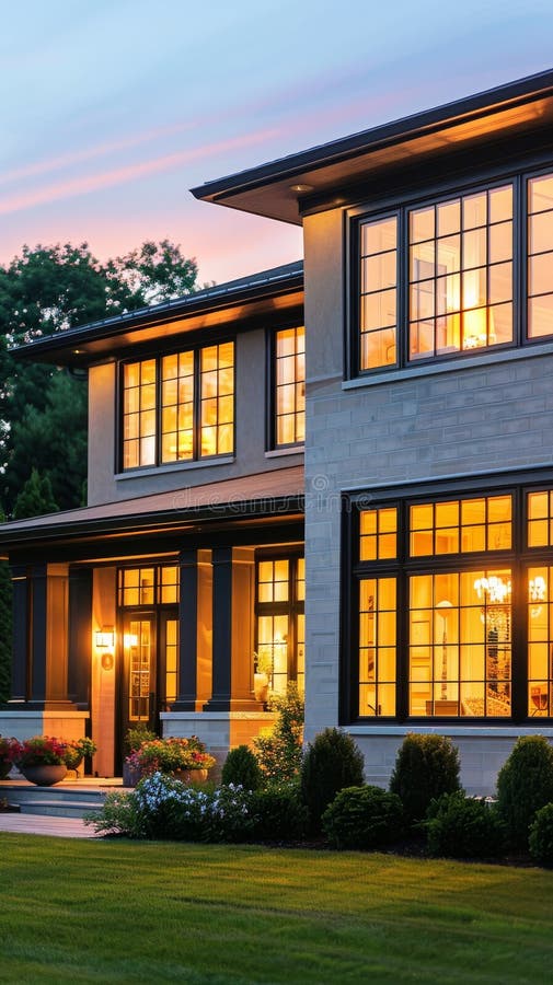 Modern Luxury House with Illuminated Windows at Sunset, Evening View ...