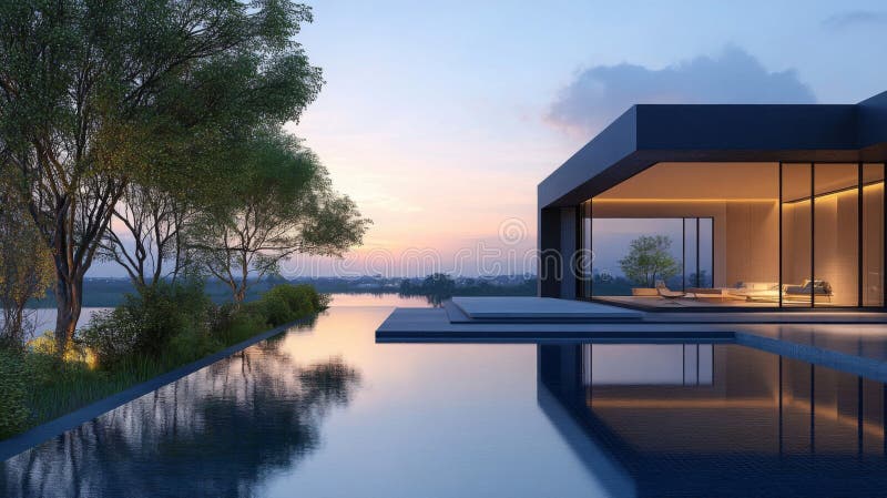 Modern Luxury House with Infinity Pool at Sunset Stock Illustration ...
