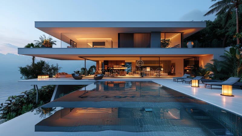 Modern Luxury House with Infinity Pool at Sunset - Generative Ai Stock ...