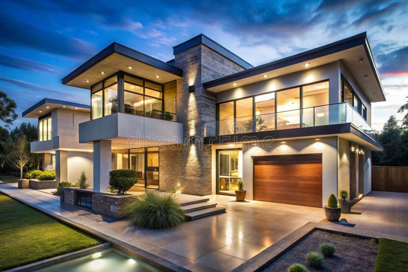 Modern Luxury House Night View Stock Illustration - Illustration of ...