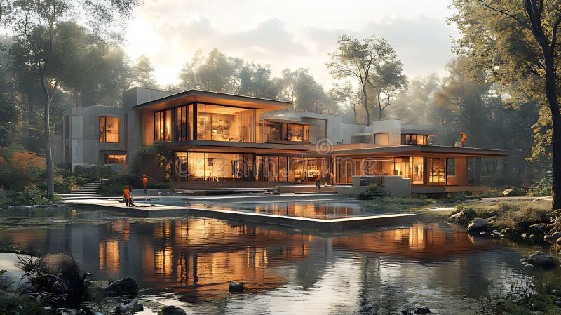 Modern Luxury House with Pool and Forest View at Sunset Stock ...
