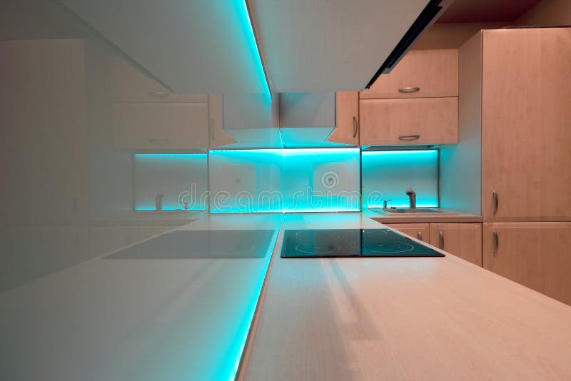 Modern Luxury Kitchen with Blue LED Lighting Stock Image - Image of ...