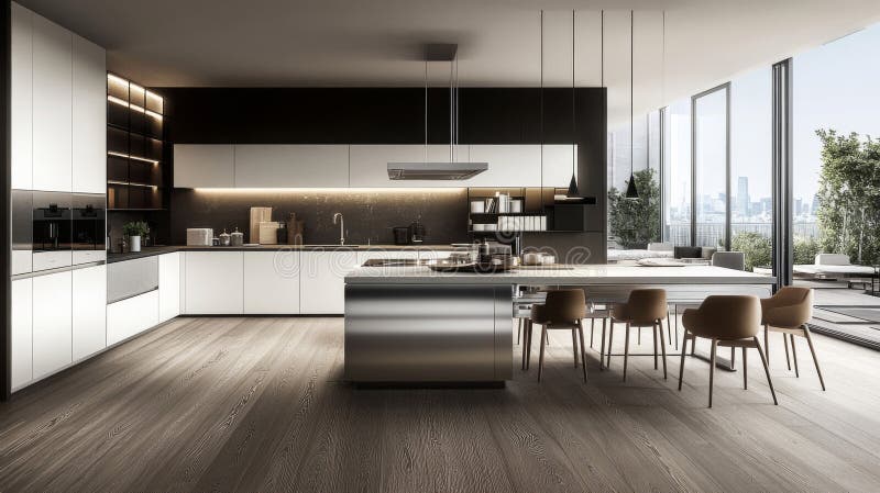 Modern Luxury Kitchen with City View Stock Illustration - Illustration ...
