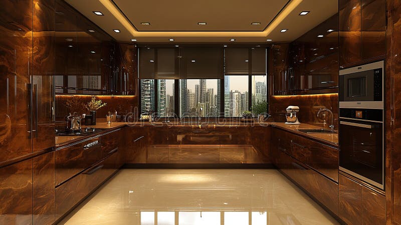 Modern Luxury Kitchen, City View, Apartment, Interior Design Stock ...