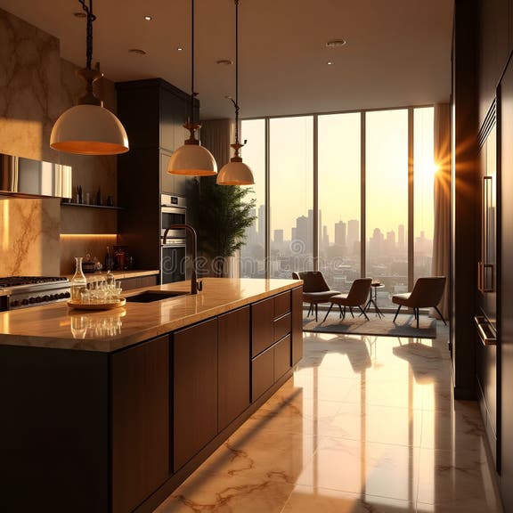 Modern Luxury Kitchen with Cityscape Views at Sunset Stock Illustration ...