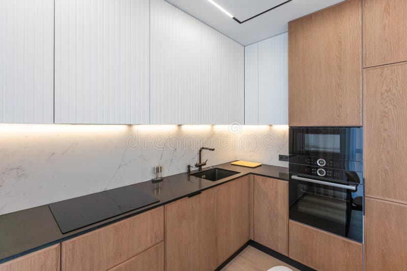 Modern Luxury Kitchen Counter with Built in Electric Appliances Stock ...