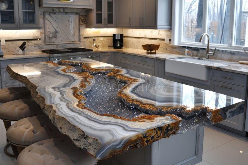Modern Luxury Kitchen Interior with Table Made of Mineral Stone Geode ...
