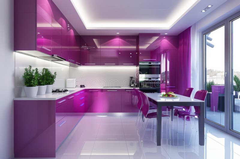 Modern Luxury Kitchen Interior with Vibrant Purple Accents and Sleek ...
