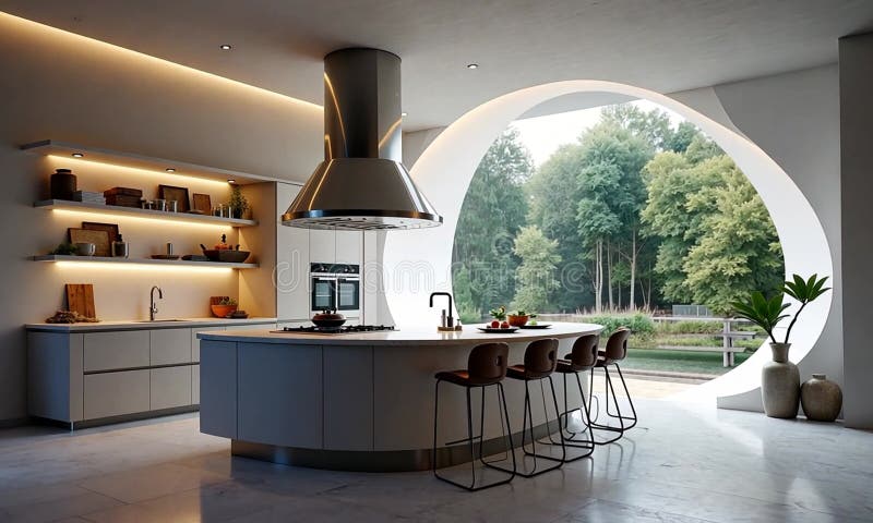 Modern Luxury Kitchen Island with Forest View Stock Video - Video of ...