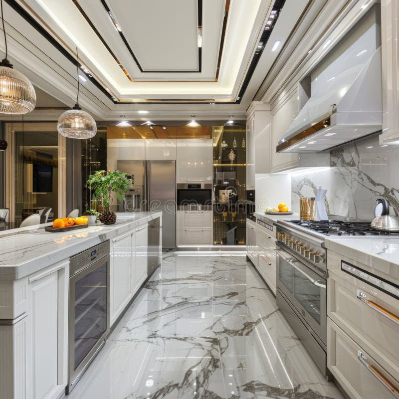 Modern Luxury Kitchen with Marble Flooring and White Cabinetry ...