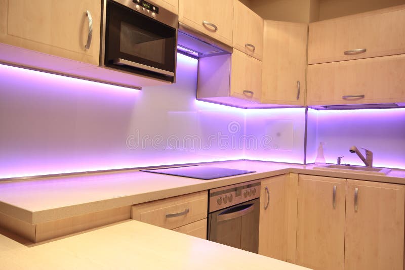 Modern Luxury Kitchen with Pink LED Lighting Stock Photo - Image of ...
