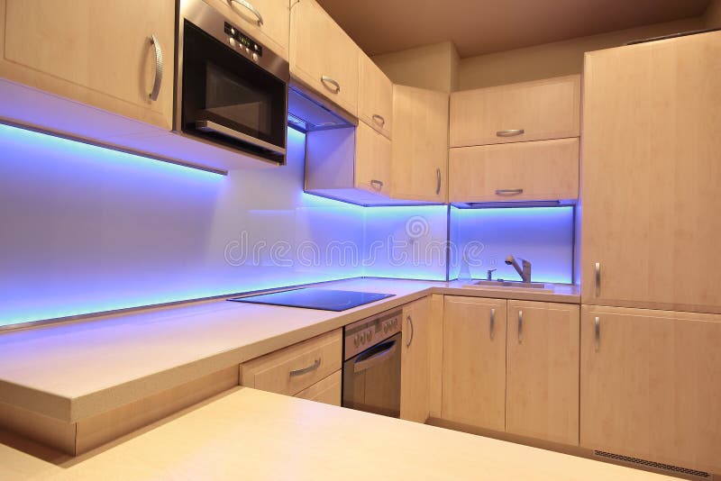 Modern Luxury Kitchen with Purple LED Lighting Stock Photo - Image of ...