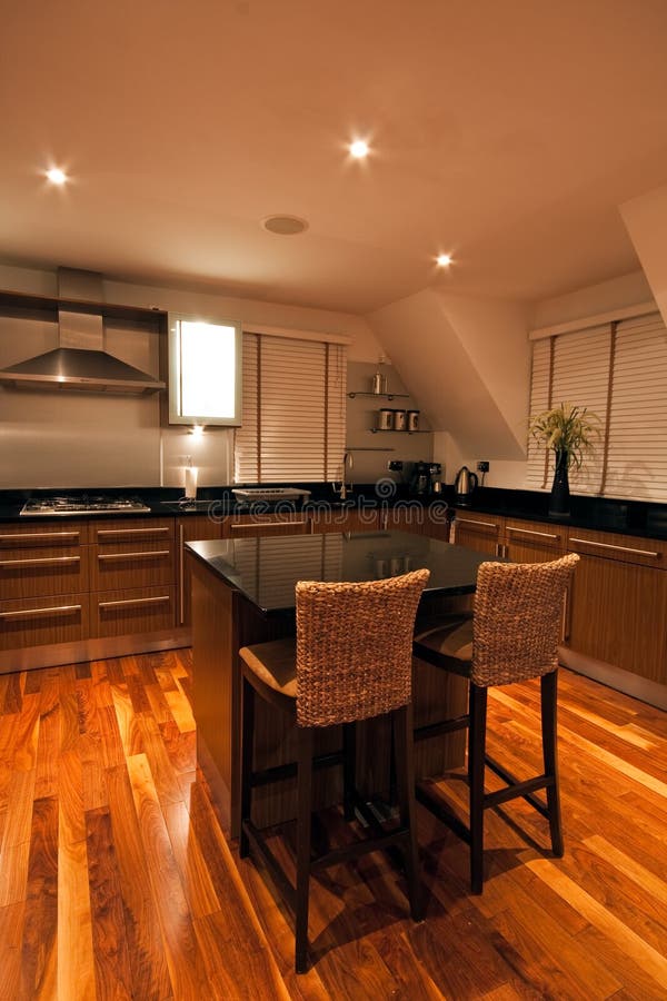 Kitchen with Wood Ceiling and Skylights Stock Photo - Image of interior ...