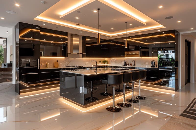 Modern Luxury Kitchen with Sleek Black Cabinets, Large Island, and ...