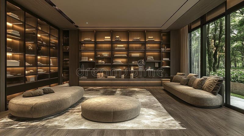 Modern Luxury Library Interior Design Warm Lighting Neutral Tones Stock ...