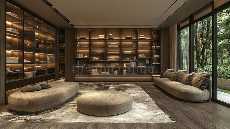 Modern Luxury Library Interior Design with Warm Lighting and Neutral ...