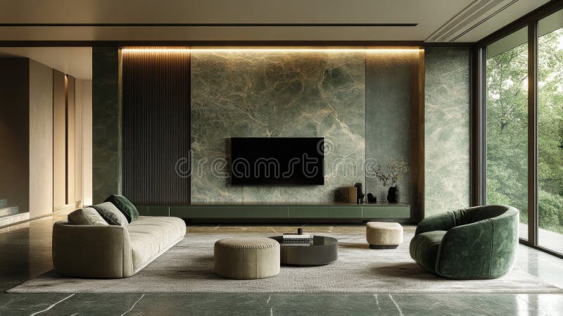 Modern Luxury Living Room with Green Stone Wall Stock Illustration ...