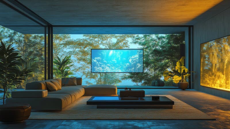 Modern Luxury Living Room Interior Design at Night Stock Illustration ...