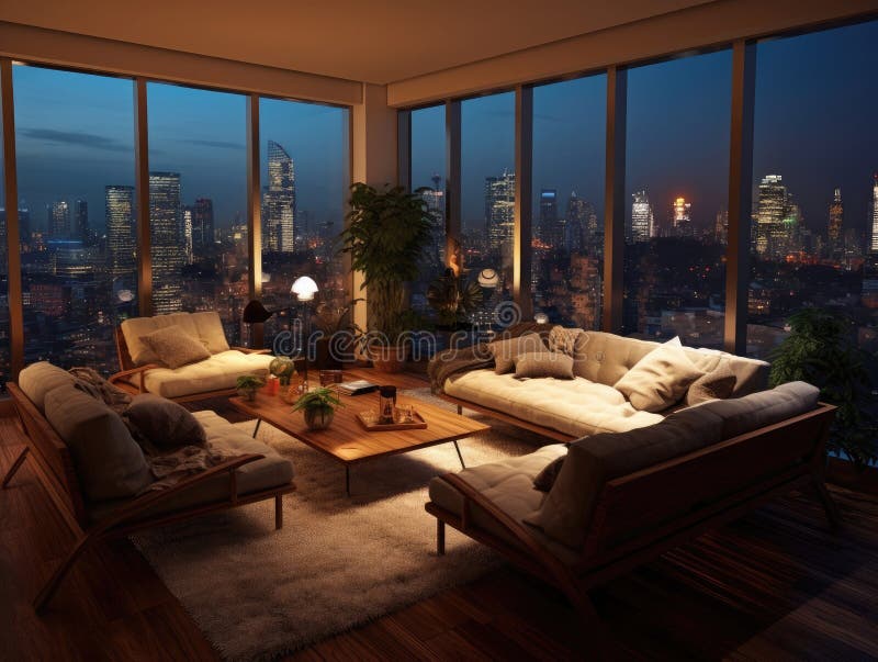 Modern Luxury Living Room with Large Windows in the Night Time ...