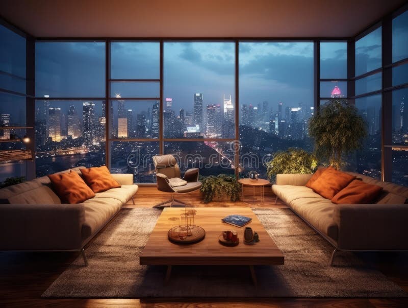 Modern Luxury Living Room with Large Windows in the Night Time ...
