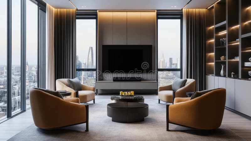 Modern Luxury Living Room with Panoramic City View Stock Illustration ...