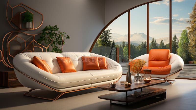 Modern Luxury Living Room with White and Orange Sofa Interior ...