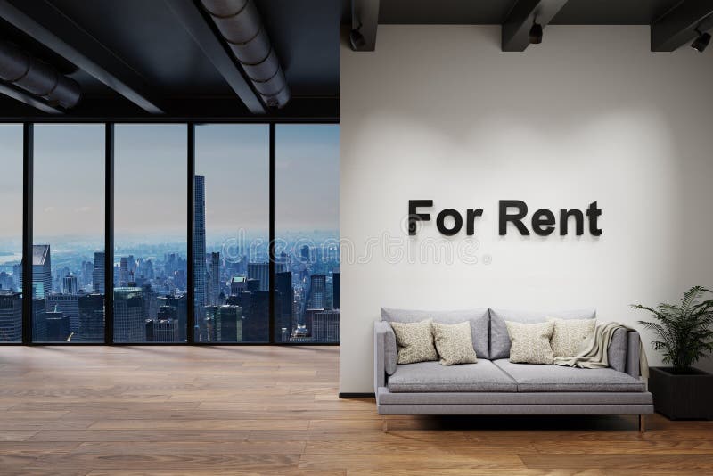 Modern Luxury Loft with Skyline View, Wall with for Rent Lettering, 3D ...
