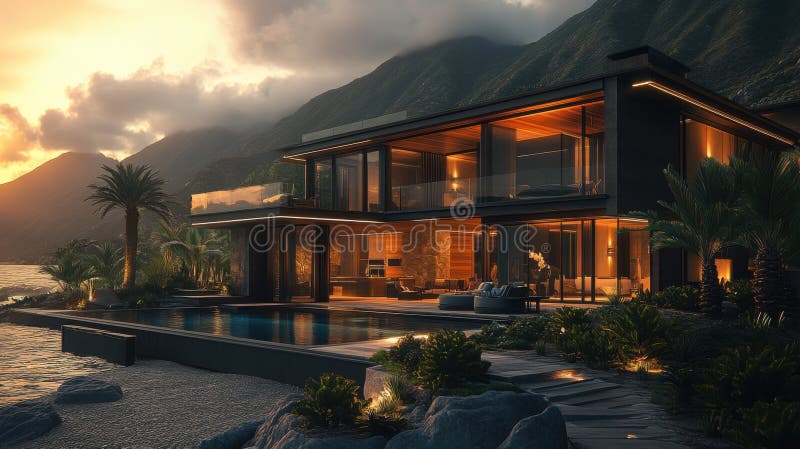 Modern Luxury Oceanfront Villa at Sunset Stock Image - Image of dark ...