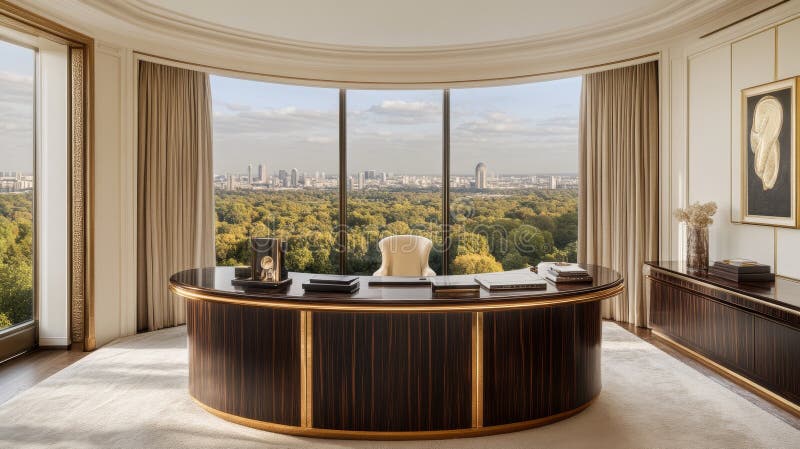 A Modern Luxury Office is Equipped with a City View, Large Desk, Sofa ...