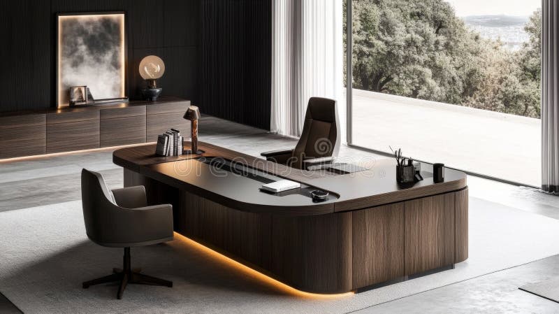 Modern Luxury Office Interior Design with Large Wooden Desk Stock ...