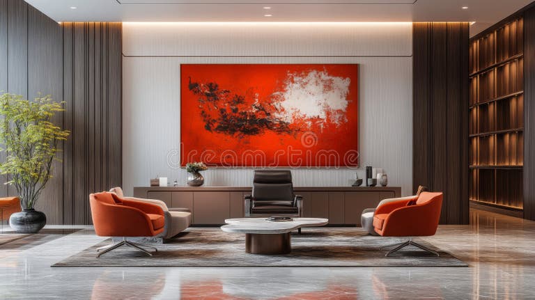 Modern Luxury Office Interior with Red Abstract Art Stock Illustration ...