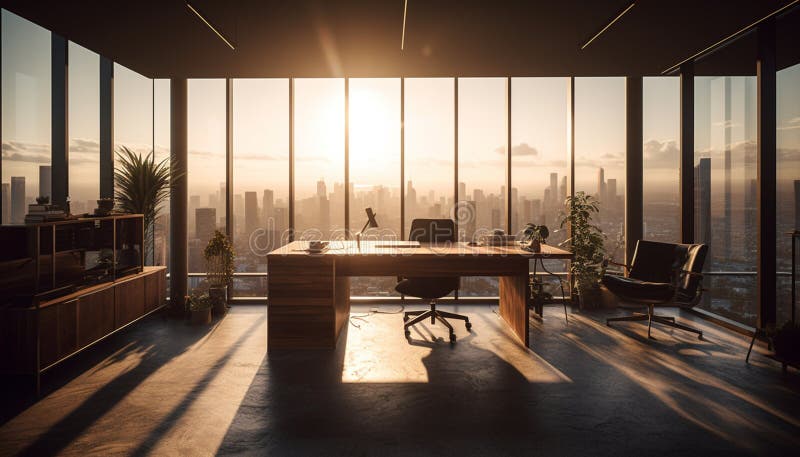 Modern Luxury Office in Skyscraper with Cityscape View at Sunset ...