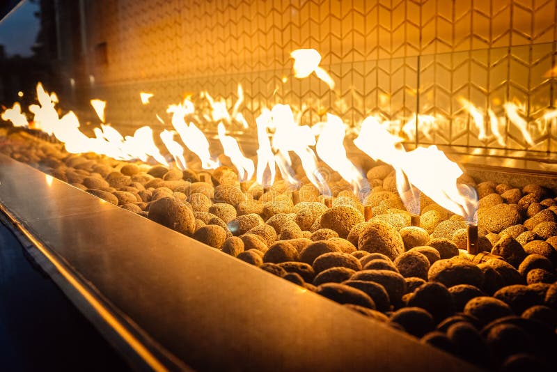 Modern and Luxury Outdoor Fireplace, Close Up from Side View Stock ...