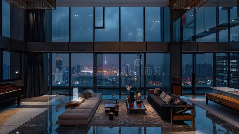 Modern Luxury Penthouse Interior with Panoramic Cityscape View at Night ...