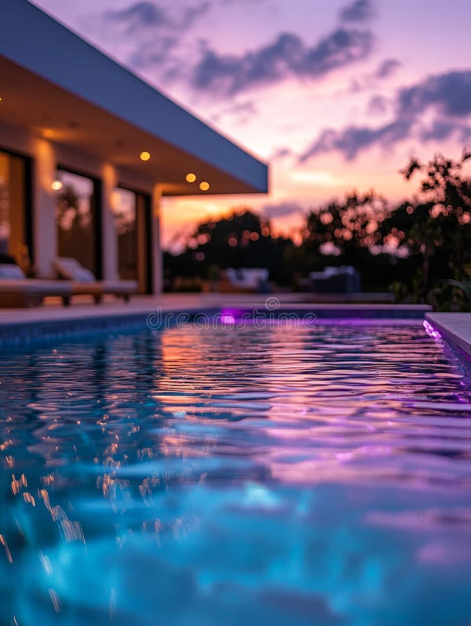 Modern Luxury Pool at Sunset with Pink Sky and Reflections. Stock Image ...