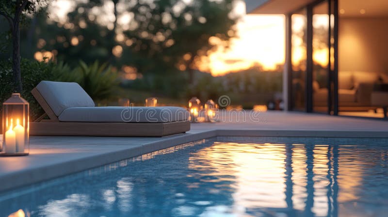 Modern Luxury Poolside at Sunset with Candles and Lounging Area Stock ...