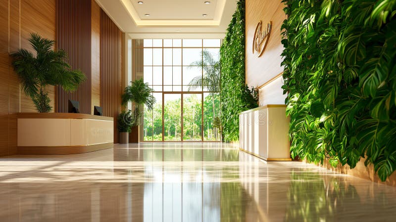 Modern Luxury Reception Lobby Featuring Lush Greenery, Large Windows ...