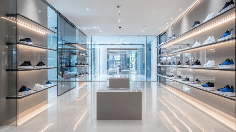 Modern Luxury Shoe Store Interior with Glass Display Cases Stock ...