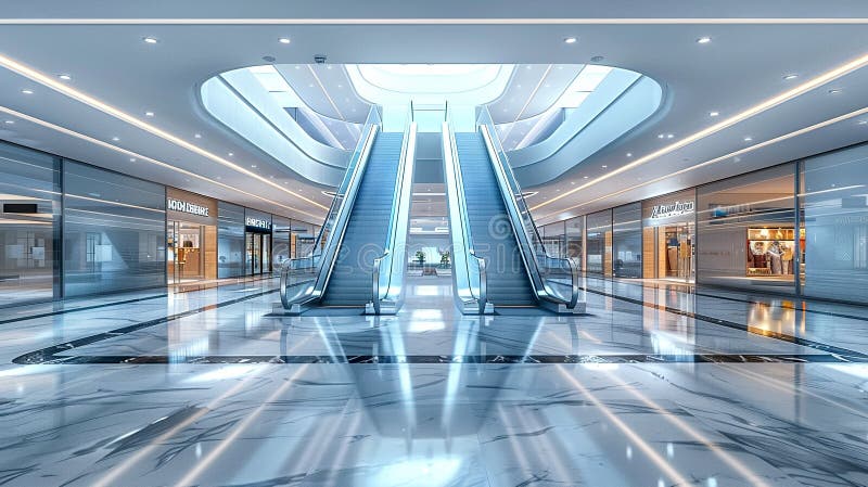 Modern Luxury Shopping Mall Interior Featuring Escalators and Elegant ...