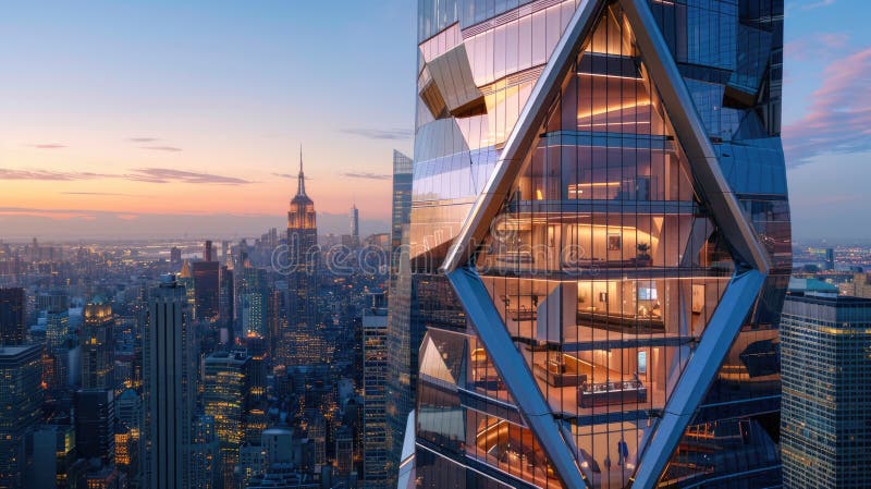 Luxury Skyscraper Overlooking Cityscape at Sunset with Modern ...